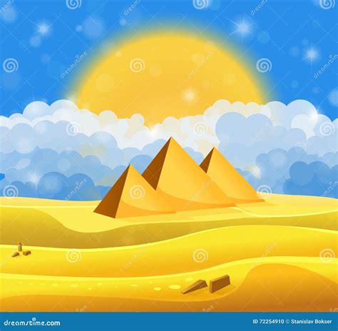Cartoon Egyptian Pyramids In The Desert With Blue Cloudy Sky Stock