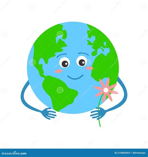 Lindo Planeta Tierra Car Cter Sosteniendo La Flor Aislado Sobre Fondo