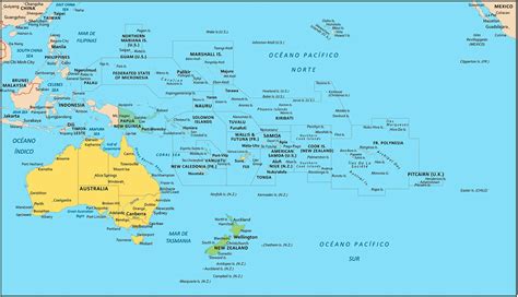 Mapa de Oceanía Político y Físico Mudo y Relleno Países