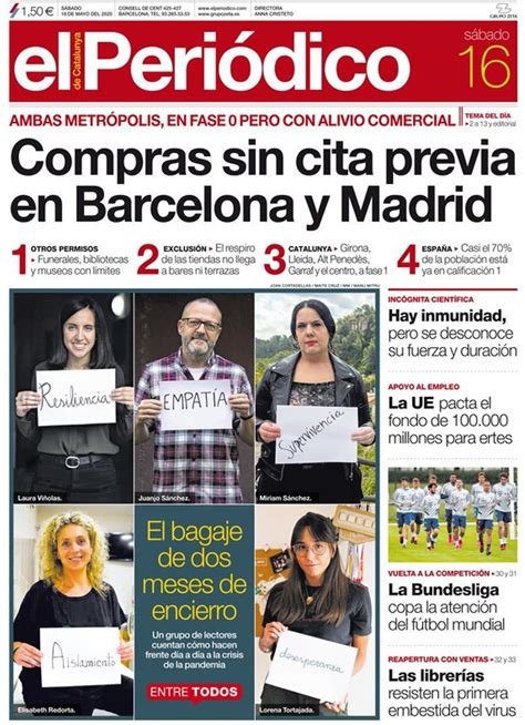 La portada de EL PERIÓDICO del 16 de mayo del 2020