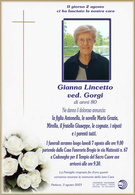 Necrologio Gianna Lincetto Ved Gorgi Necrologi Padova