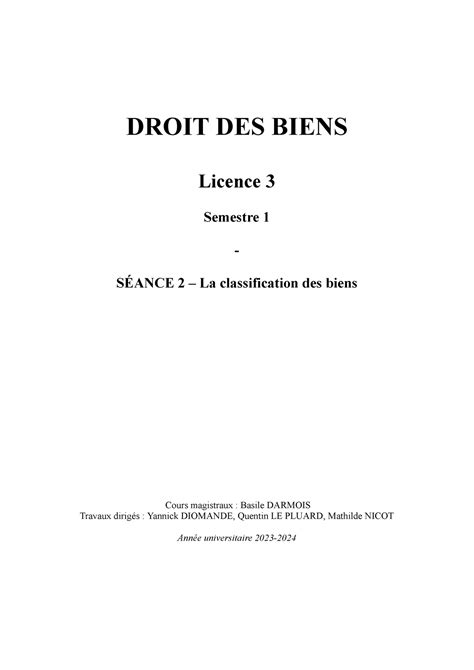 Séance 2 TD droit des biens L3 2023 2024 DROIT DES BIENS Licence 3
