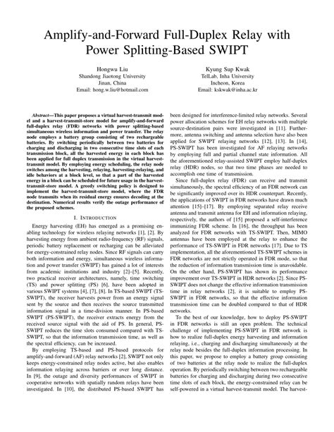 pdf amplify and forward full duplex relay with power splitting based swipt