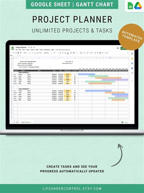 Project Planner Google Sheet Automated Gantt Chart Timeline