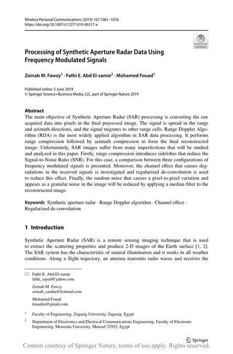 processing of synthetic aperture radar data using frequency modulated signals request pdf