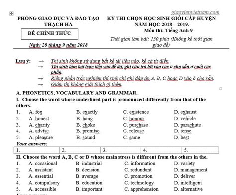 Đề thi học sinh giỏi tiếng anh lớp 9 cấp huyện 2018 2019