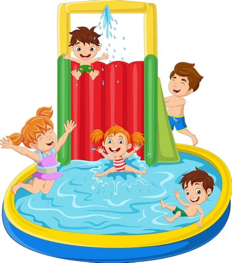 Niños jugando en el parque acuático Vector Premium