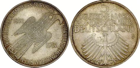 Bundesrepublik Deutschland BRD 5 Deutsche Mark 5 DM 1952 D 100