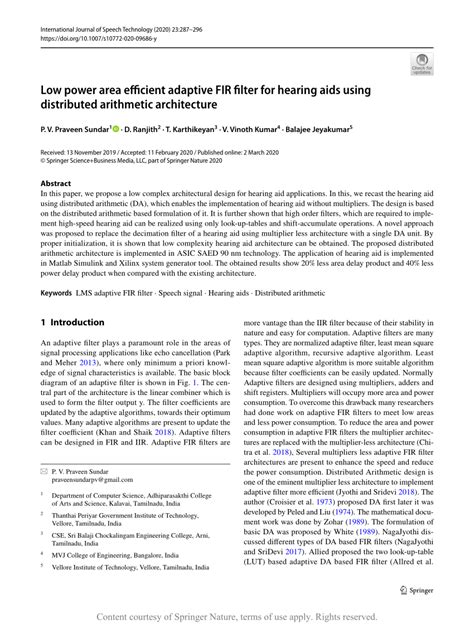 low power area efficient adaptive fir filter for hearing aids using distributed arithmetic