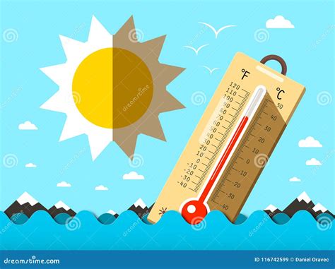 Temperatura Caliente Del Verano Termómetro En El Mar Ilustración del