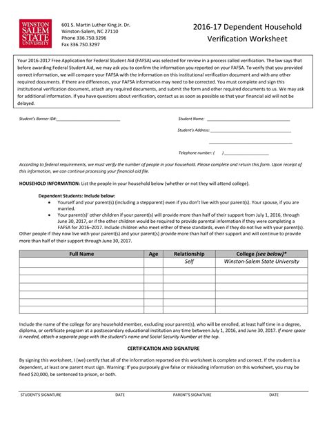 Verification Worksheet For Dependent Students Printables Math Worksheets
