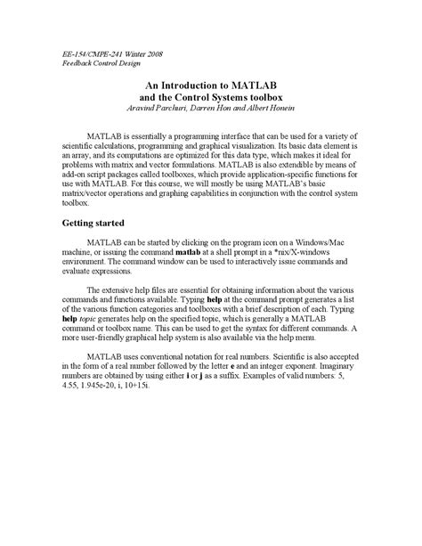 an introduction to matlab and control system toolbox final exam cmpe 241 docsity