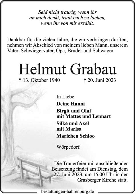 Traueranzeigen Von Helmut Grabau Trauer Gedenken