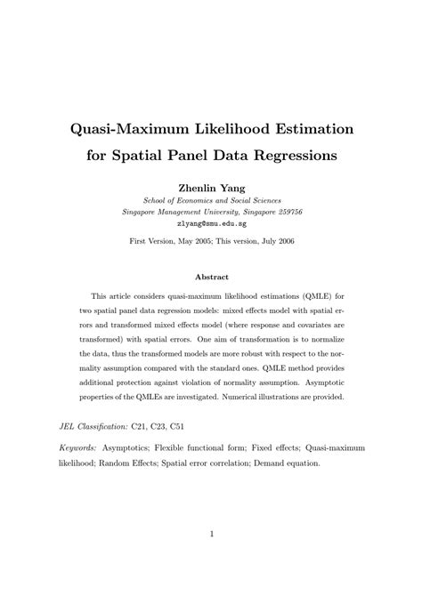 pdf quasi maximum likelihood estimation for spatial panel data regressions