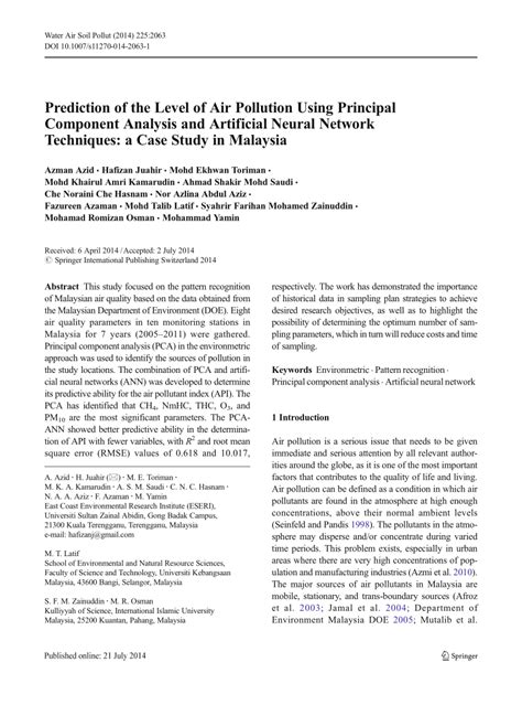 pdf prediction of the level of air pollution using principal component analysis and artificial