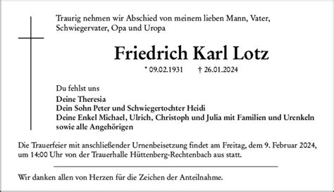 Traueranzeigen Von Friedrich Karl Lotz Vrm Trauer De