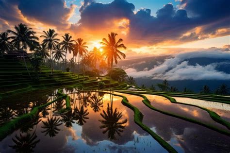 Premium AI Image Breathtaking Sunrise Over Balis Rice Generative AI
