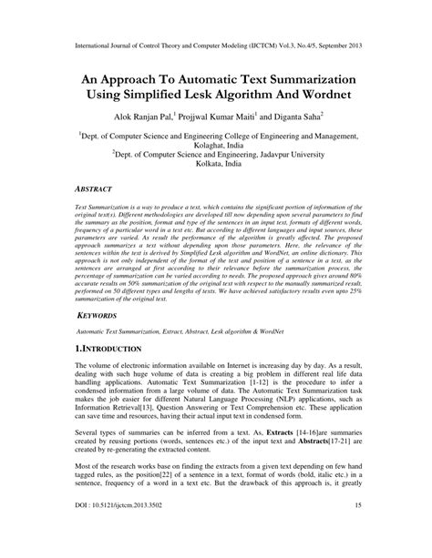 pdf an approach to automatic text summarization using simplified lesk algorithm and wordnet