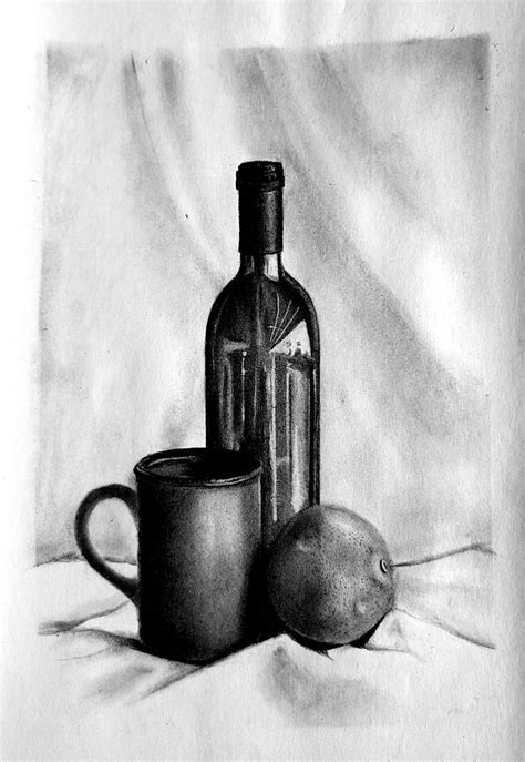 Charcoal Drawing Of Still Life With Bottle And Cup