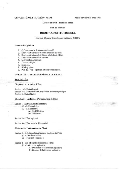 Plan Du Cours De Droit Constitutionnel I Studocu