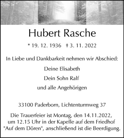 Traueranzeigen Von Hubert Rasche Westfalen Blatt De