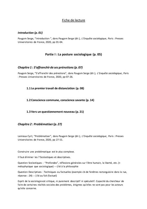Fiche de lecture L enquête sociologique Serge Paugam Fiche de lecture