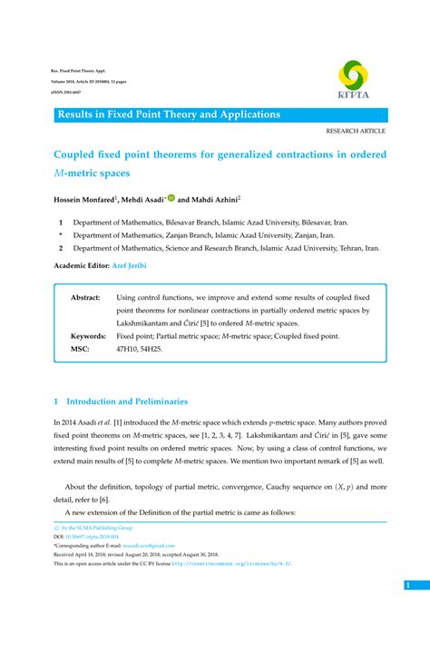 pdf coupled fixed point theorems for generalized contractions in ordered m metric spaces