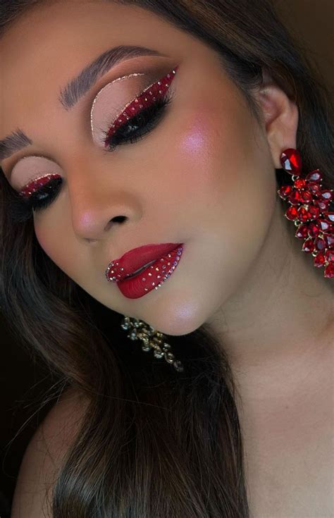 20 Christmas Holidays Makeup Ideas Nude Red Rhinestones Eye Makeup