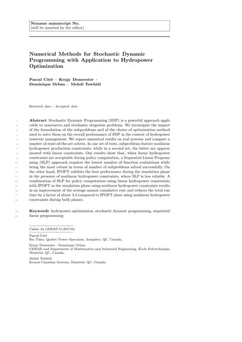 pdf numerical methods for stochastic dynamic programming with application to hydropower