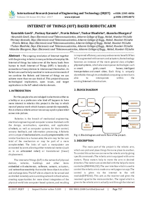 pdf internet of things iot based robotic arm irjet journal