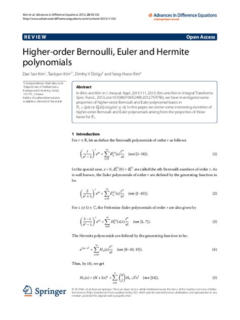 pdf higher order bernoulli euler and hermite polynomials seog hoon rim