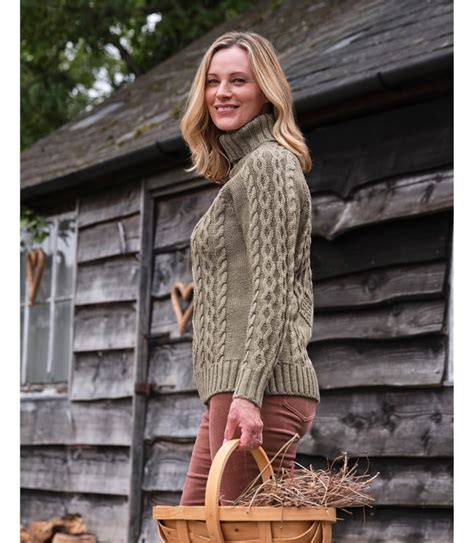 Weizen Pullover Mit Aran Zopfmuster Und Rollkragen Aus Reiner Wolle