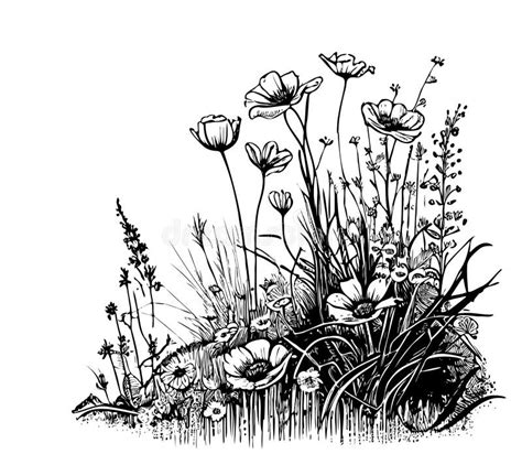 Flowers Part Of The Field Hand Drawn Sketch Vector Illustration Stock