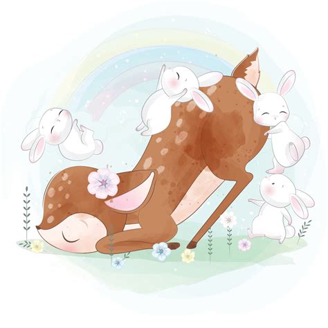 söta rådjur som leker med kaniner illustration 2067714 Vektorkonst på