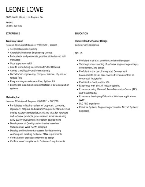 Aircraft Engineer Resume Samples Velvet Jobs