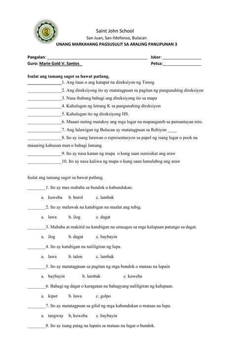 Araling Panlipunan Worksheet For Grade