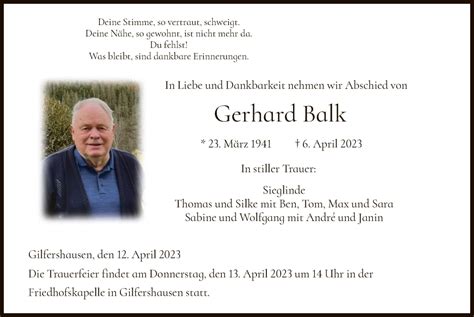 Traueranzeigen Von Gerhard Balk Trauer HNA De