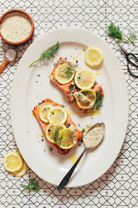 Lemon Baked Salmon With Garlic Dill Sauce Minimalist Baker Recipes