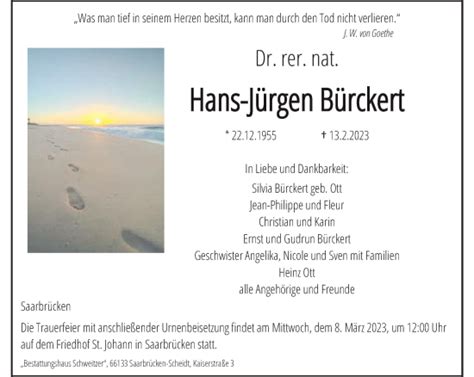 Traueranzeigen von Hans Jürgen Bürckert Saarbruecker Zeitung Trauer de