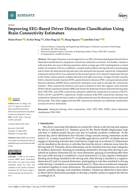 pdf improving eeg based driver distraction classification using brain connectivity estimators