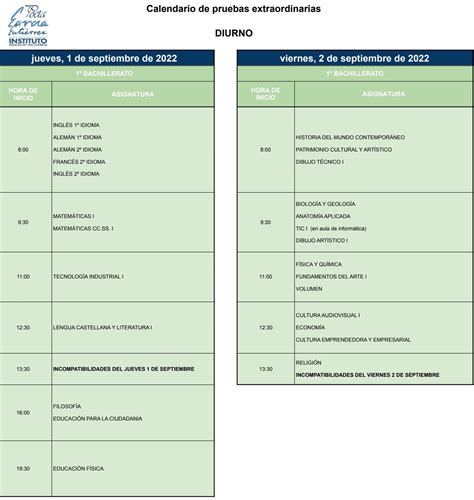 Calendario de pruebas extraordinarias 1ºBACH 1 y 2 de septiembre