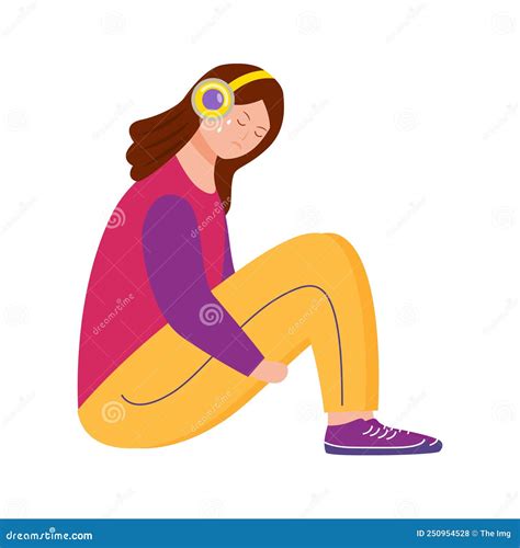 Crying Female Teenager Listening To Music Semi Flat Color Vector