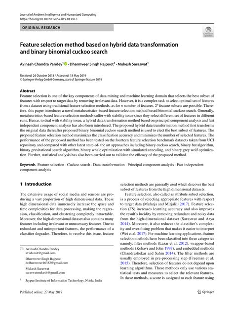 pdf feature selection method based on hybrid data transformation and binary binomial cuckoo search