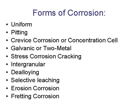 Forms Of Corrosion Uniform Pitting Crevice Corrosion Or