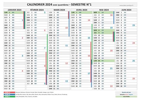 Calendrier semestriel 2024 à consulter télécharger en pdf et imprimer