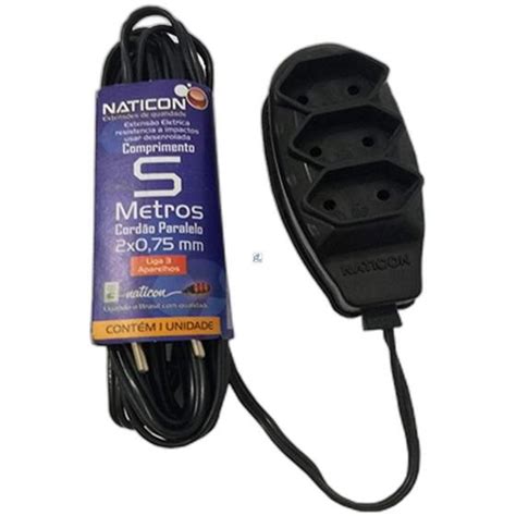 Extensao Naticon Tripla Paralela 2x0 75 Preta 5m 561 Extensão