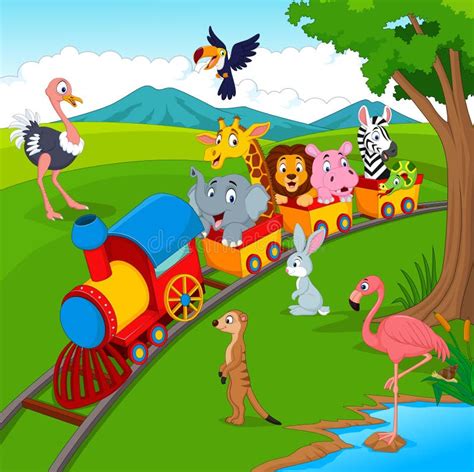 Trem Dos Desenhos Animados Na Estrada De Ferro Animais Selvagens