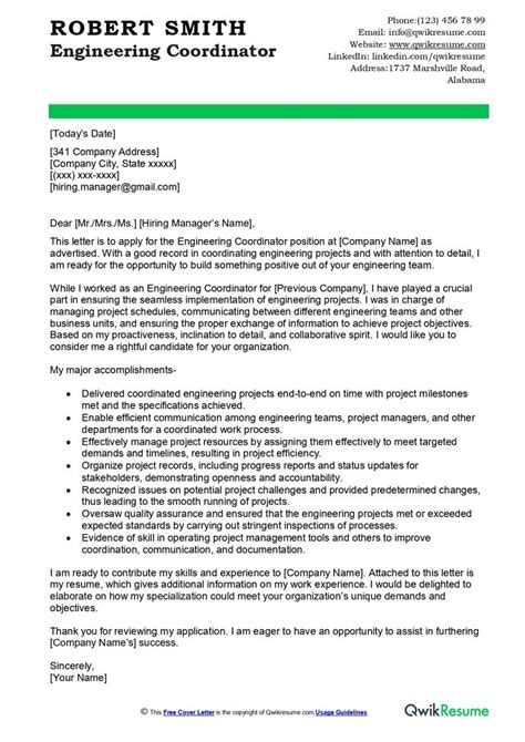 Engineering Coordinator Cover Letter Examples QwikResume