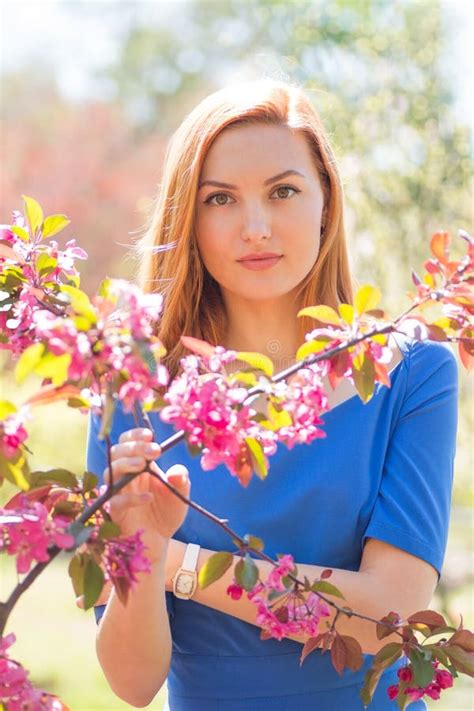 Belle Jeune Fille Rousse Dans La Robe Bleue Parmi Le Flowe De Ressort Photo Stock Image Du