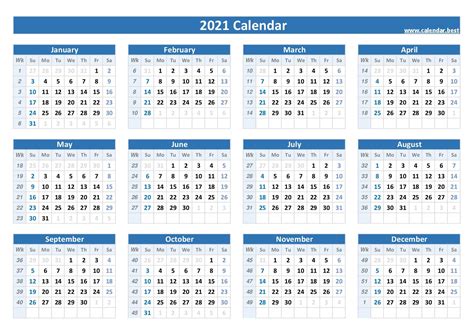 2021 Printable Yearly Calendar With Week Numbers Images And Photos Finder